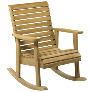 outsunny wooden outdoor rocking chair, traditional slatted wood rocker chair with armrests and high backrest for indoor & outdoor, light brown