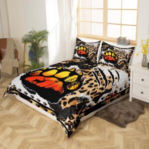 Feelyou Cow Fur Bedding Duvet Cover Set Wild Animal Bear Paw Bedding Set Nature Deer Leopard Print Comforter Cover Set Rustic Cabin Country Black Bedspread Cover Queen Size Bedclothes Zipper