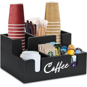 disposable coffee cup dispenser lid holder for counter, wood 6 compartments coffee station organizer for cup lid sleeve pods condiment, paper cup dispenser coffee bar accessories storage organizer