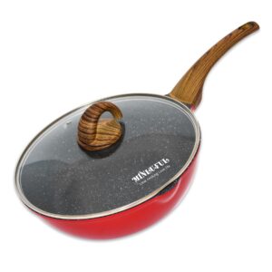 minluful 11 inch nonstick deep frying pan with lid, ceramic-coated skillet wok saute pan with wooden handle