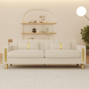 storfenbor beige sofa couch, velvet modern sofa for living room with gold metal legs, luxury comfy couch for bedroom, office, large small space