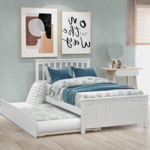 lostcat twin size bed frame with trundle and headboard,wood slats support,solid pinewood bedframe, no box spring needed,for boys/girls/adult bedroom,white