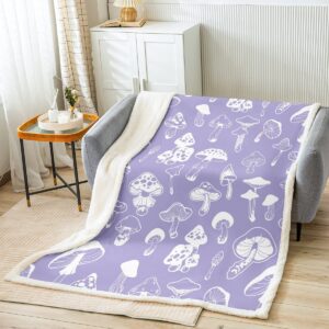 purple mushroom bed blanket kids girls cute mushroom sherpa blanket soft cozy lightweight purple and white plush fleece cute cartoon plants blanket gifts for bed chair office sofa(throw 50"x60")