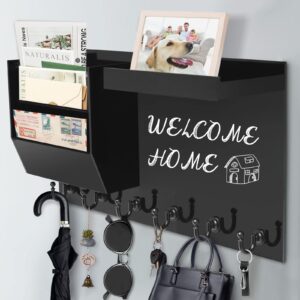 makuang key and mail holder for wall, hanging acrylic mail organizer wall mount with chalkboard shelf key hooks, entryway decorative letter holder adhesive key hanger rack, black