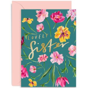 old english co. lovely sister birthday card for her - cute gold foil flower card for sister from sibling - birthday card for women | blank inside with envelope