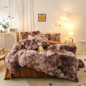 jameswish shaggy plush duvet cover set super soft fluffy faux fur comforter cover set luxury fuzzy bedding set 3 piece(1 duvet cover+2 pillowcases) with zipper clusure(coffee white ombre,queen size)