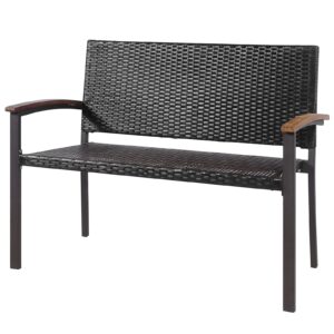 relax4life patio outdoor wicker bench - patio rattan chair w/metal frame, acacia wood armrests, all-weather pe porch bench for garden, backyard, poolside, balcony, outdoor loveseat (1)