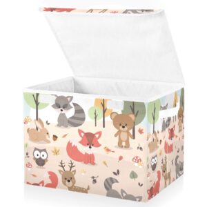 large collapsible fabric storage bins with lids 16.5*12.6*11.8in cute woodland forest animals deer rabbit bear fox raccoon bird owl foldable storage boxes organizer containers baskets cube for shelves