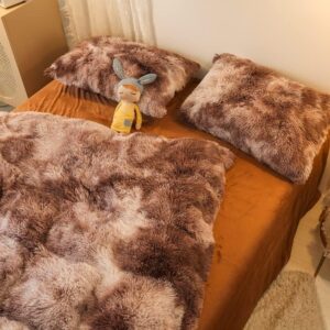 Jameswish Shaggy Plush Duvet Cover Set Super Soft Fluffy Faux Fur Comforter Cover Set Luxury Fuzzy Bedding Set 3 Piece(1 Duvet Cover+2 Pillowcases) with Zipper Clusure(Coffee White Ombre,Queen Size)