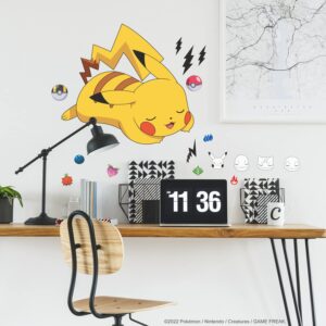 roommates rmk5335gm pokemon sleeping pikachu giant peel and stick wall decals, yellow, red, black, white