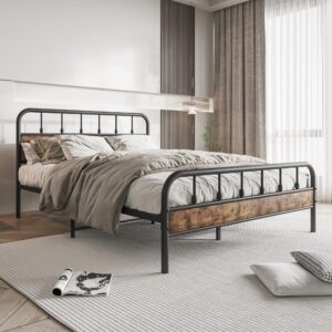 Elegant Home Products Black Queen Bed Frame with Headboard,Metal Platform Bed Frames,No Box Spring Needed,Easy Assembly Rustic Brown