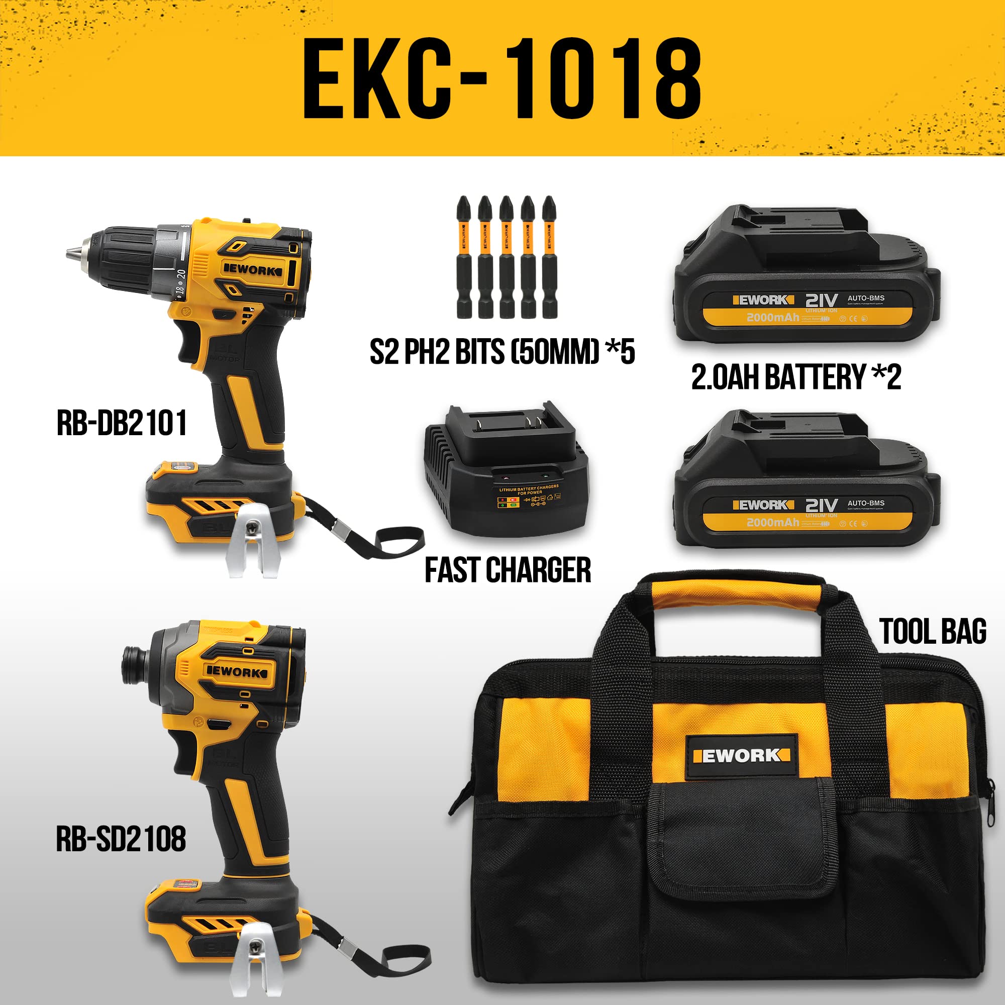 EWORK Compact Cordless Drill and Impact Driver Combo Kit 21V Brushless Power Tool Set with (2) 2.0Ah Batteries and Fast Charger, Tool Bag (EKC-1018)