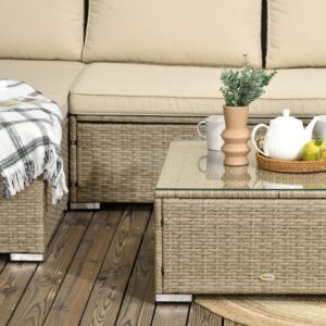 Outsunny 3 Piece Patio Wicker Furniture Set with Storage Loveseat, PE Rattan Conversation Sofa Set, L-Shaped Sectional Couch with Soft Cushions, and Glass Top Coffee Table, Khaki