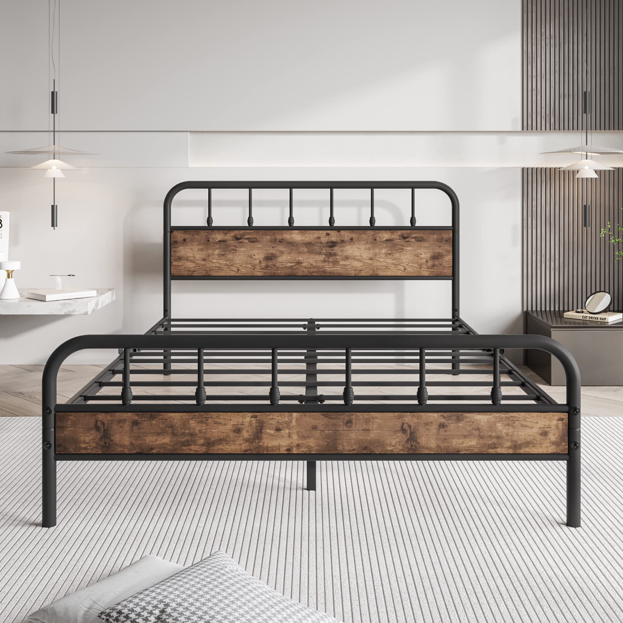 Elegant Home Products Black Queen Bed Frame with Headboard,Metal Platform Bed Frames,No Box Spring Needed,Easy Assembly Rustic Brown