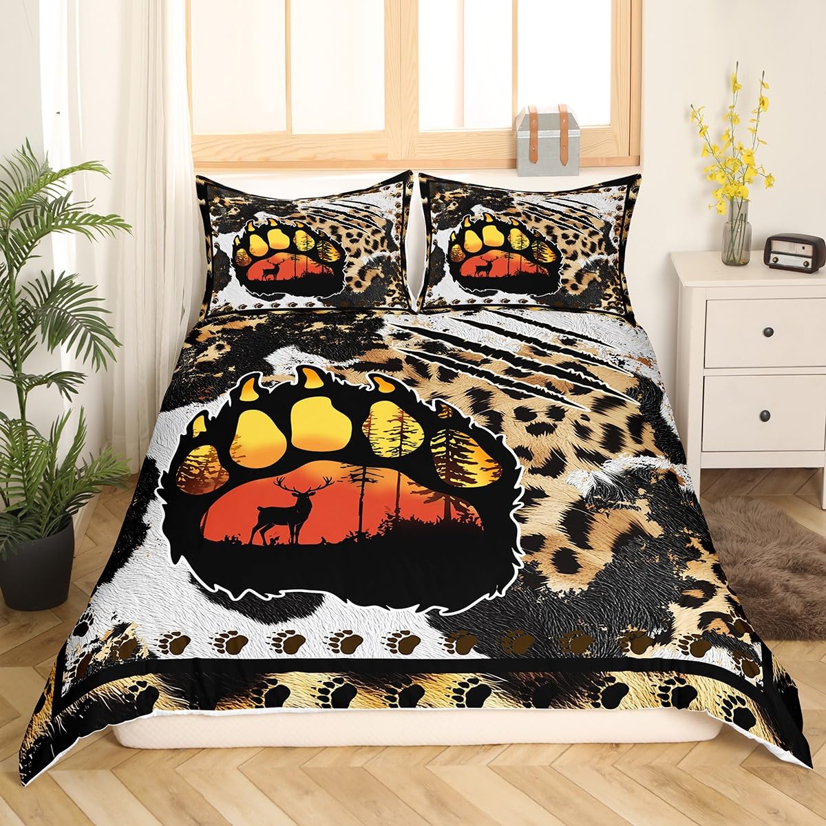 Feelyou Cow Fur Bedding Duvet Cover Set Wild Animal Bear Paw Bedding Set Nature Deer Leopard Print Comforter Cover Set Rustic Cabin Country Black Bedspread Cover Queen Size Bedclothes Zipper