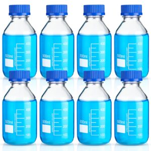 irenare 8 pieces media storage bottles borosilicate storage glass bottle scientific round graduated media bottle with blue gl45 screw cap for lab water reagent liquids (500 ml)