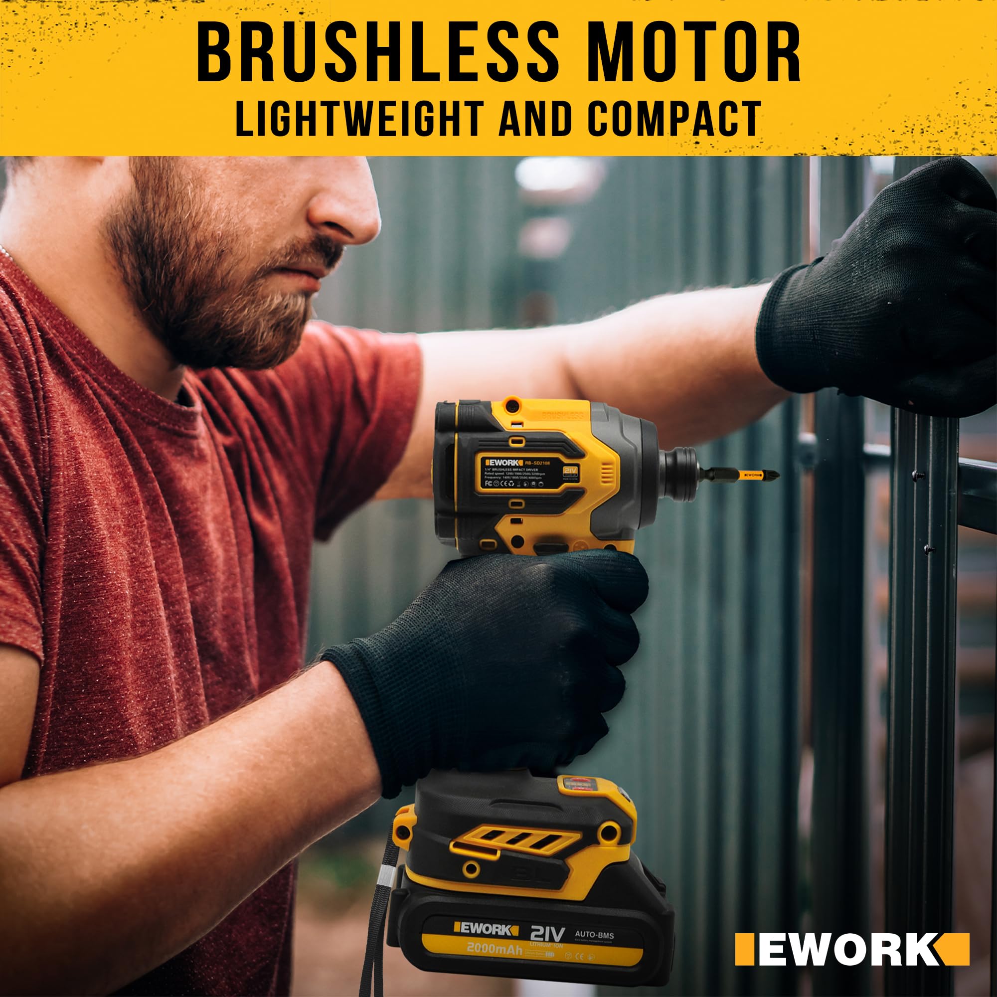 EWORK Compact Cordless Drill and Impact Driver Combo Kit 21V Brushless Power Tool Set with (2) 2.0Ah Batteries and Fast Charger, Tool Bag (EKC-1018)