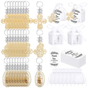 ecally 120 pcs baptism key ring recuerdos de bautizo para cross wooden keychain baptism favor boxes organza bags thank you tags for first communion baptism party gift, 30 sets(white)