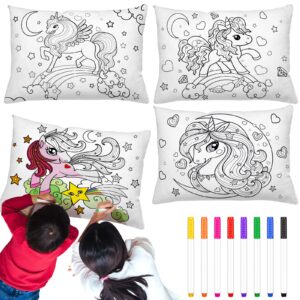 kinlop 36 pcs unicorn pillowcase for kids set sleepover party game coloring pillow case unicorn sleepover party supplies for girls 4 unicorn pillow case 32 pcs colorful marker washable, 20 x 27.56''