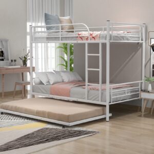 lostcat twin over twin bunk bed with trundle,heavy duty twin size bunk beds frame with safety guardrails and ladders for kids/teen/adults,no box spring needed,white