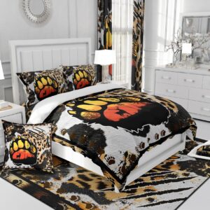 Feelyou Cow Fur Bedding Duvet Cover Set Wild Animal Bear Paw Bedding Set Nature Deer Leopard Print Comforter Cover Set Rustic Cabin Country Black Bedspread Cover Queen Size Bedclothes Zipper