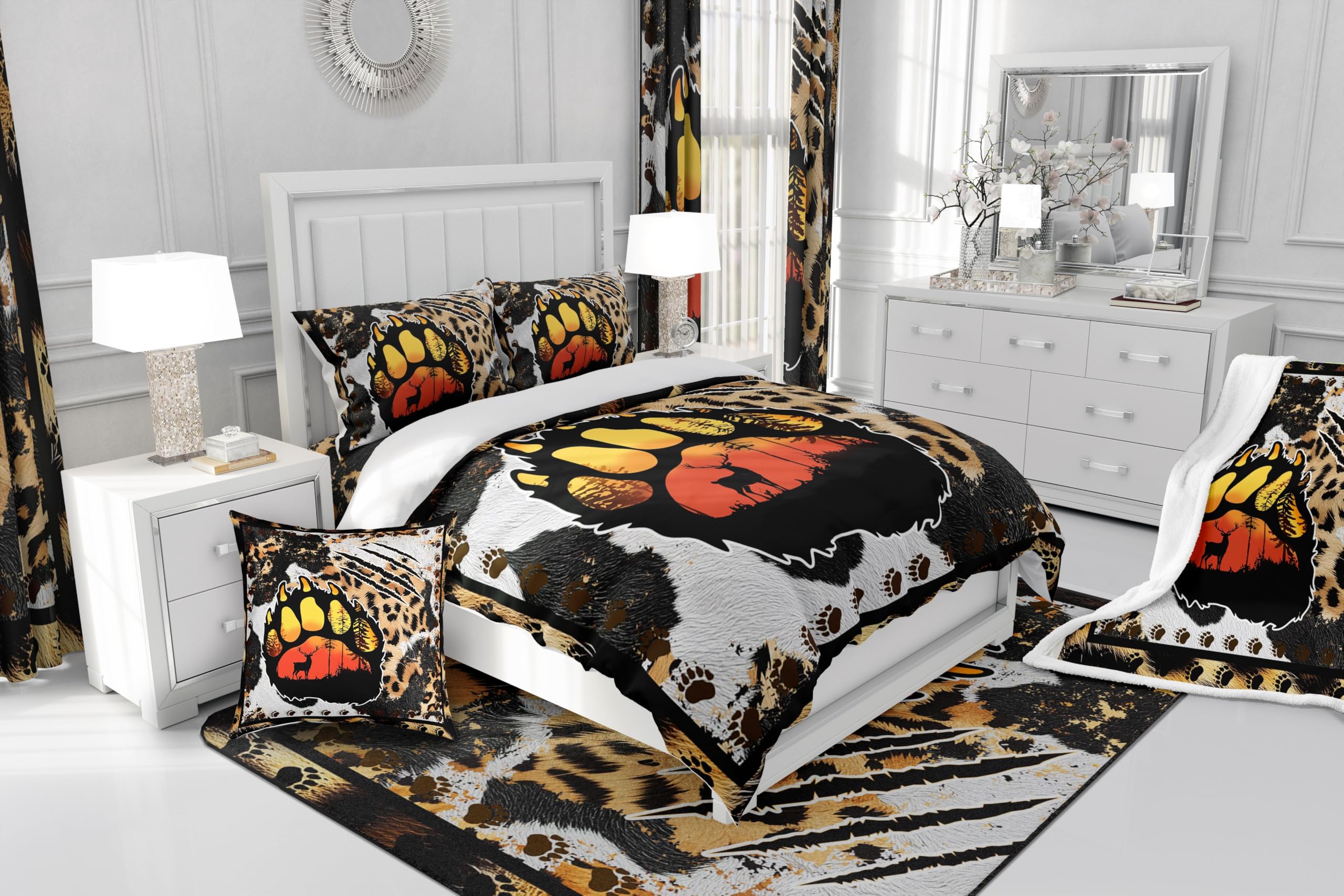 Feelyou Cow Fur Bedding Duvet Cover Set Wild Animal Bear Paw Bedding Set Nature Deer Leopard Print Comforter Cover Set Rustic Cabin Country Black Bedspread Cover Queen Size Bedclothes Zipper