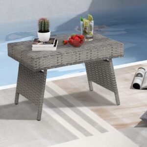 tangkula outdoor folding rattan side table, rectangular wicker end table for outdoor furniture, wicker coffee table for patio poolside lawn garden patio, mix grey