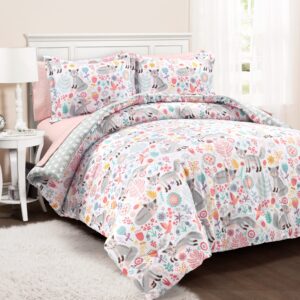 lush decor pixie fox reversible comforter set, 5 piece set, twin xl, pink & gray - kids bedding with sheet set - comforter set for girls - toddler bedding - floral & hearts - woodland bedroom decor