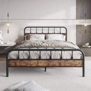 elegant home products black queen bed frame with headboard,metal platform bed frames,no box spring needed,easy assembly rustic brown