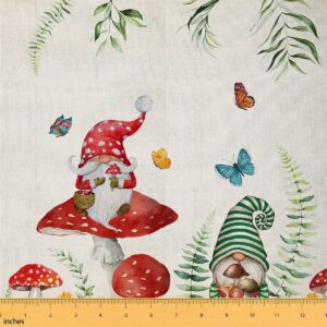 mushroom fabric by the yard,kawaii spring gnome upholstery fabric for quilting,butterfly plants decorative fabric,cute red green gnome outdoor fabric,wild spieces waterproof fabric,1 yard,white