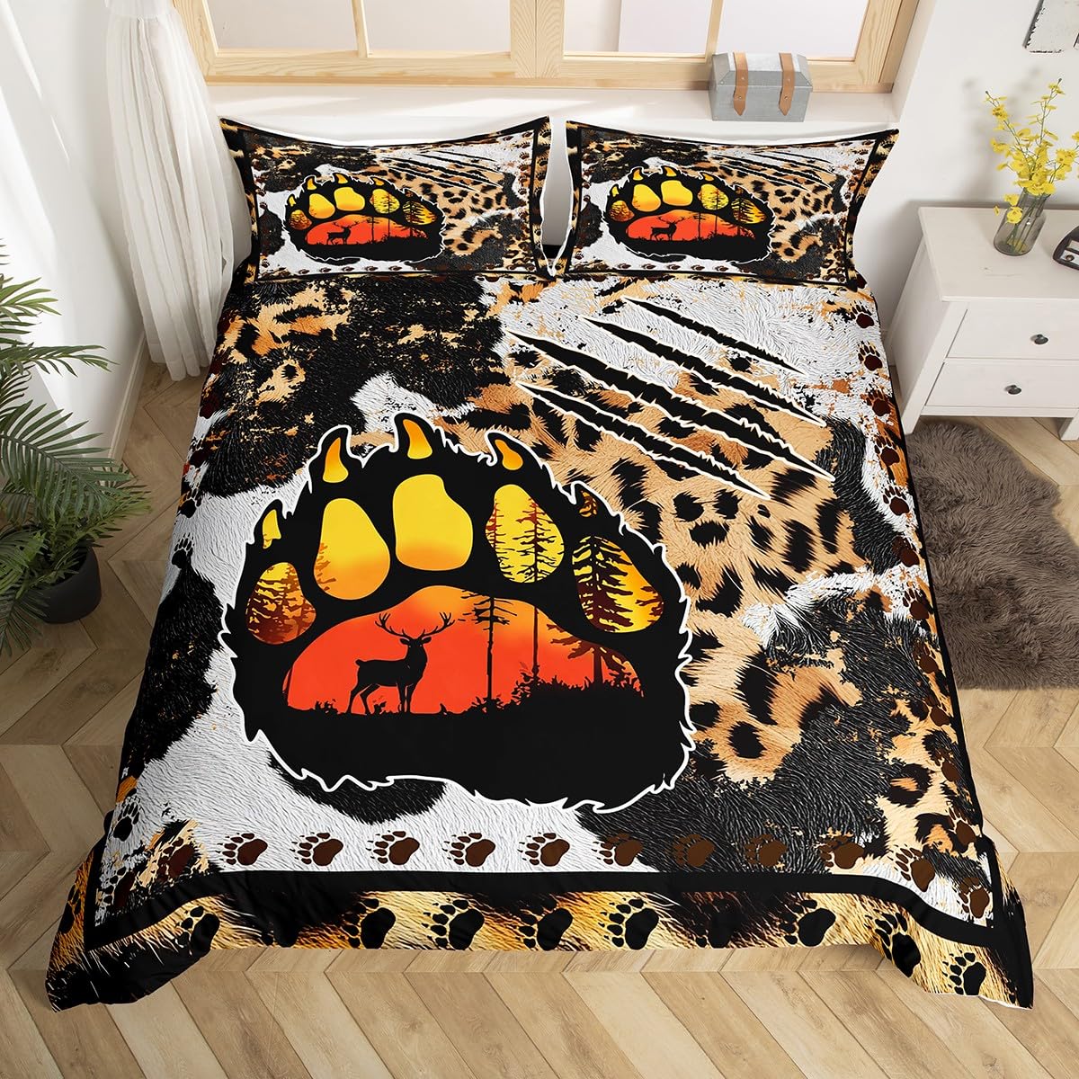 Feelyou Cow Fur Bedding Duvet Cover Set Wild Animal Bear Paw Bedding Set Nature Deer Leopard Print Comforter Cover Set Rustic Cabin Country Black Bedspread Cover Queen Size Bedclothes Zipper