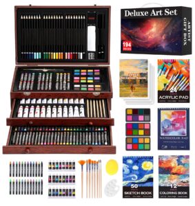 194 piece deluxe art set, painting drawing art supplies with 4 drawing pads, acrylic paints, crayons, colored pencils set in wooden case, art kit gift box for kids, teens, adults, artists, beginners