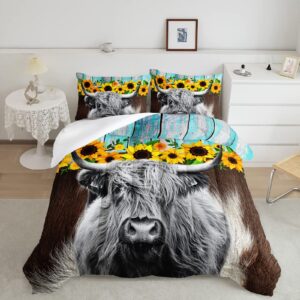 highland cattle flower comforter set queen size bull cattle bedding set western funny animal bedding set wildlife farmhouse cow quilt set sunflowers comforter set for kids teens boys girls adults