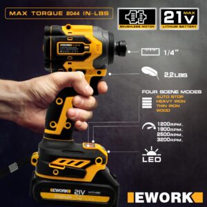 EWORK Compact Cordless Drill and Impact Driver Combo Kit 21V Brushless Power Tool Set with (2) 2.0Ah Batteries and Fast Charger, Tool Bag (EKC-1018)