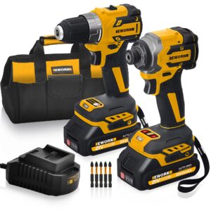 ework compact cordless drill and impact driver combo kit 21v brushless power tool set with (2) 2.0ah batteries and fast charger, tool bag (ekc-1018)