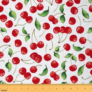 cherry fabric by the yard,cherry design fresh berry fruit upholstery fabric,summer garden indoor outdoor fabric,cabin lodge cherries with leaves diy waterproof fabric,1 yard,red greem