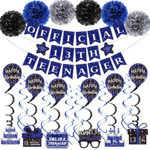 13th birthday decorations for boys girls, blue official 13th teenager banner party decorations, happy thirteen birthday decor double-sided card pompoms hanging swirl for 13 years teenagers gifts 48pcs