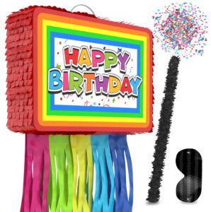 birthday piñata 4-piece set great for boy, girl, and adult party. happy birthday decorations, fun & unique style, fits candy party favors (16”x10”) durable!