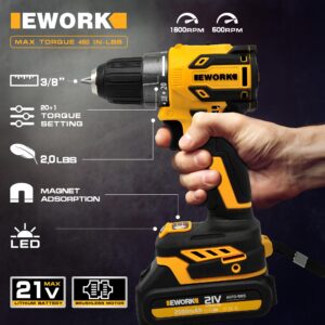 EWORK Compact Cordless Drill and Impact Driver Combo Kit 21V Brushless Power Tool Set with (2) 2.0Ah Batteries and Fast Charger, Tool Bag (EKC-1018)