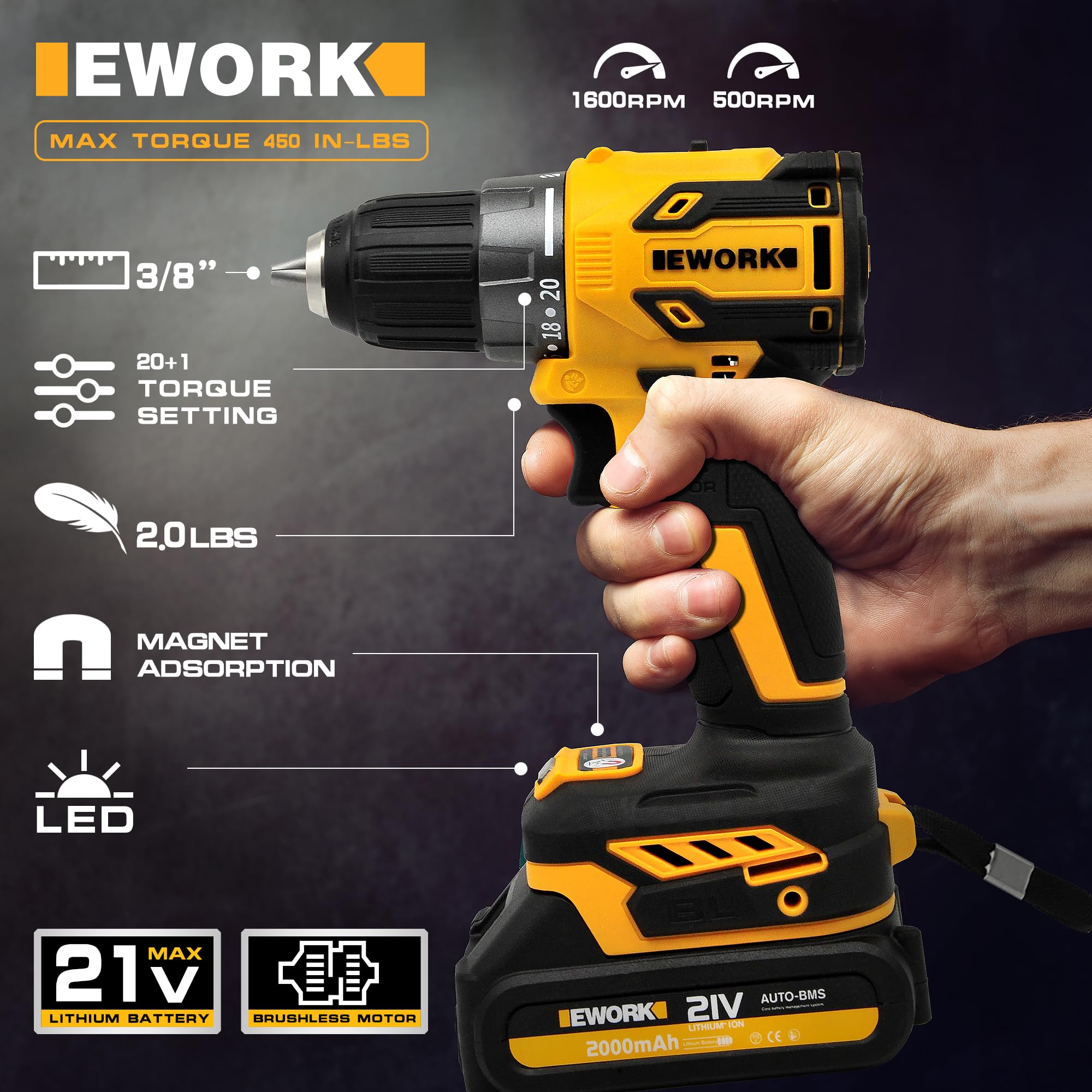 EWORK Compact Cordless Drill and Impact Driver Combo Kit 21V Brushless Power Tool Set with (2) 2.0Ah Batteries and Fast Charger, Tool Bag (EKC-1018)