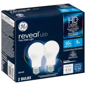 ge lighting reveal led light bulbs, 9 watt (60 watt equivalent) hd+ light, standard bulb shape, medium base, dimmable (2 pack)