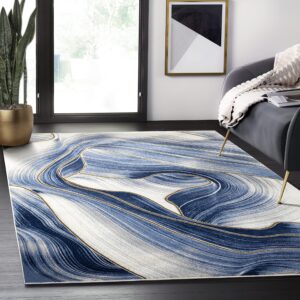 abani blue & ivory metallic contemporary ribbon area rug, rugs swirl design neutral non-shed 6' x 9' bedroom rug