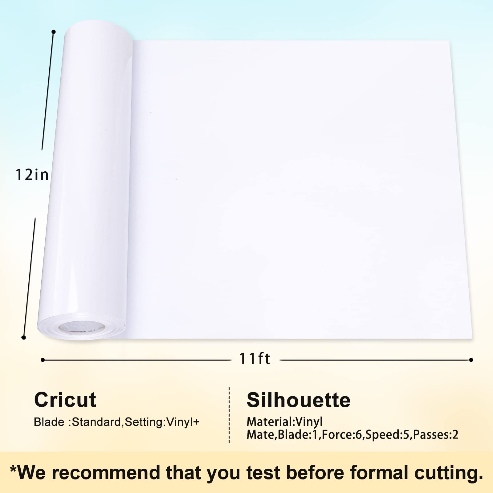 XSEINO Permanent Vinyl - 12" X 11FT White Adhesive Vinyl Roll for Cricut, Silhouette and Other Cutters, Permanent Outdoor Vinyl for Cup,Decor Sticker, Car Decal, Scrapbooking, Signs(Glossy White)