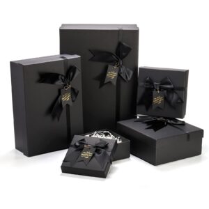 zenfun 5 pack black nested gift boxes with lid for presents, 5 sizes luxury packaging box with ribbon bows and label gift wrap for thanksgiving christmas birthday, weddings, mother's day 13.7'' to 5.1''