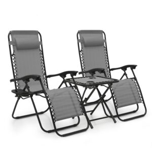 monibloom indoor/outdoor zero gravity chairs 3-piece, adjustable folding reclining chairs with folding table, pillow and tray, pool patio lawn beach vacation lounger, 330lbs capacity, grey