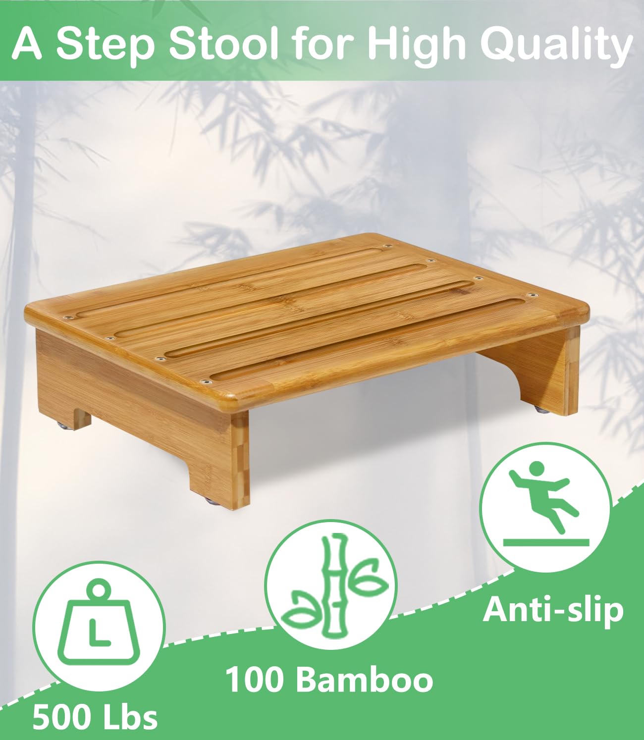 Bamboo Safety Stool Wood One Step Stool Mobility Half Step Stool Stepping Stool Foot Stool Natural Color with Solid Wood for Stairs Bed Kitchen Bathroom Cars for Adults Seniors and Kids Training