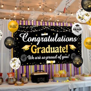 AKEROCK Graduation Decorations Class of 2025, Congratulations Graduate Banner for Graduation Party Decorations, Graduation Banner/Congrats Grad Banner, 32 Balloons & 10 Hanging Swirls Included - Black