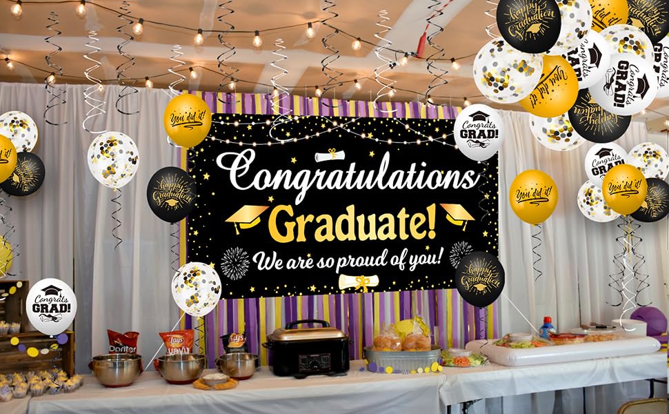 AKEROCK Graduation Decorations Class of 2025, Congratulations Graduate Banner for Graduation Party Decorations, Graduation Banner/Congrats Grad Banner, 32 Balloons & 10 Hanging Swirls Included - Black