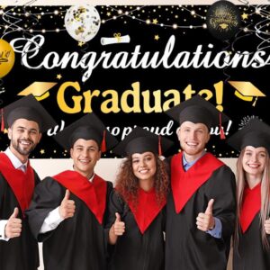 AKEROCK Graduation Decorations Class of 2025, Congratulations Graduate Banner for Graduation Party Decorations, Graduation Banner/Congrats Grad Banner, 32 Balloons & 10 Hanging Swirls Included - Black