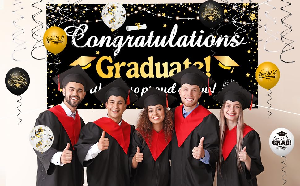 AKEROCK Graduation Decorations Class of 2025, Congratulations Graduate Banner for Graduation Party Decorations, Graduation Banner/Congrats Grad Banner, 32 Balloons & 10 Hanging Swirls Included - Black